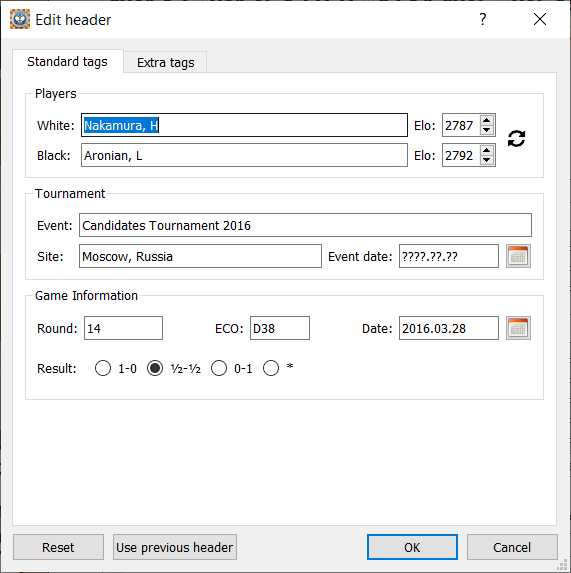 Edit header dialog